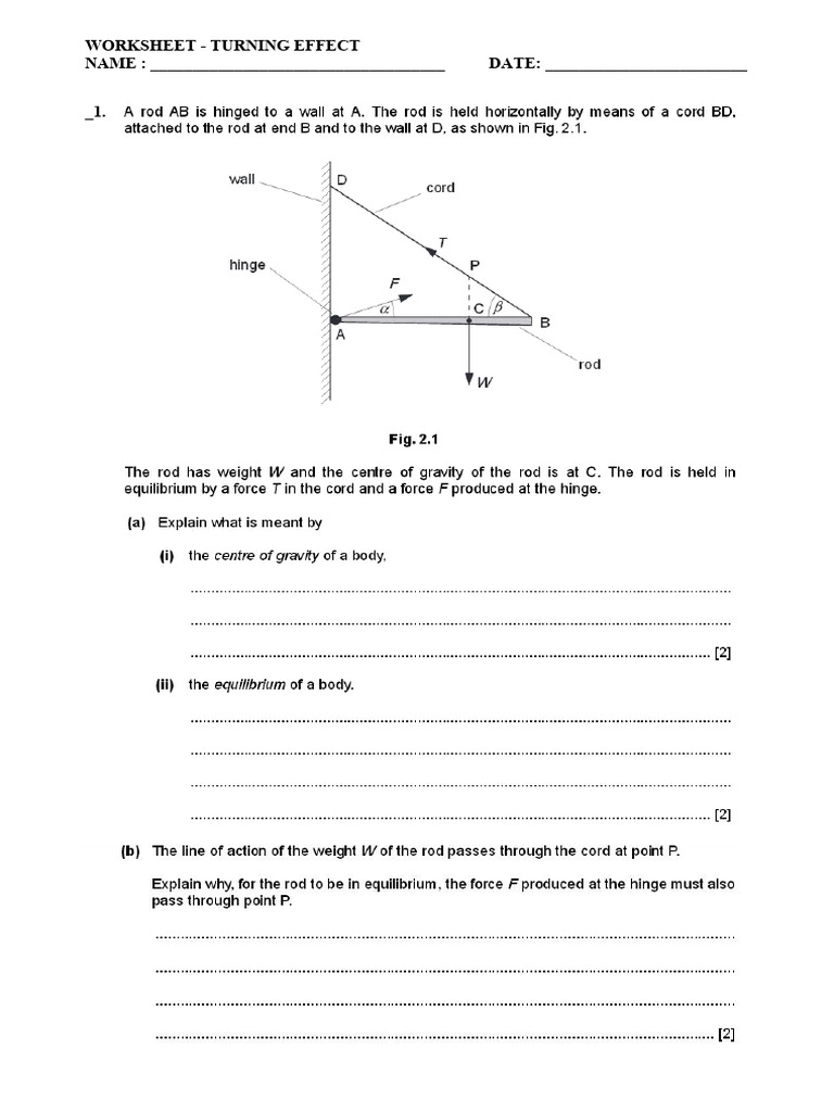 G11 - A - WORKSHEET - TURNING EFFECT - 1 | PDF