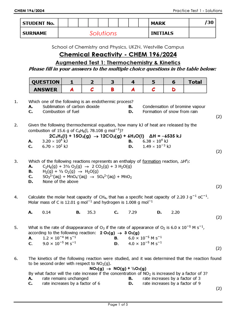 Practice Test 1 - Thermochemistry and Kinetics - Solutions | PDF