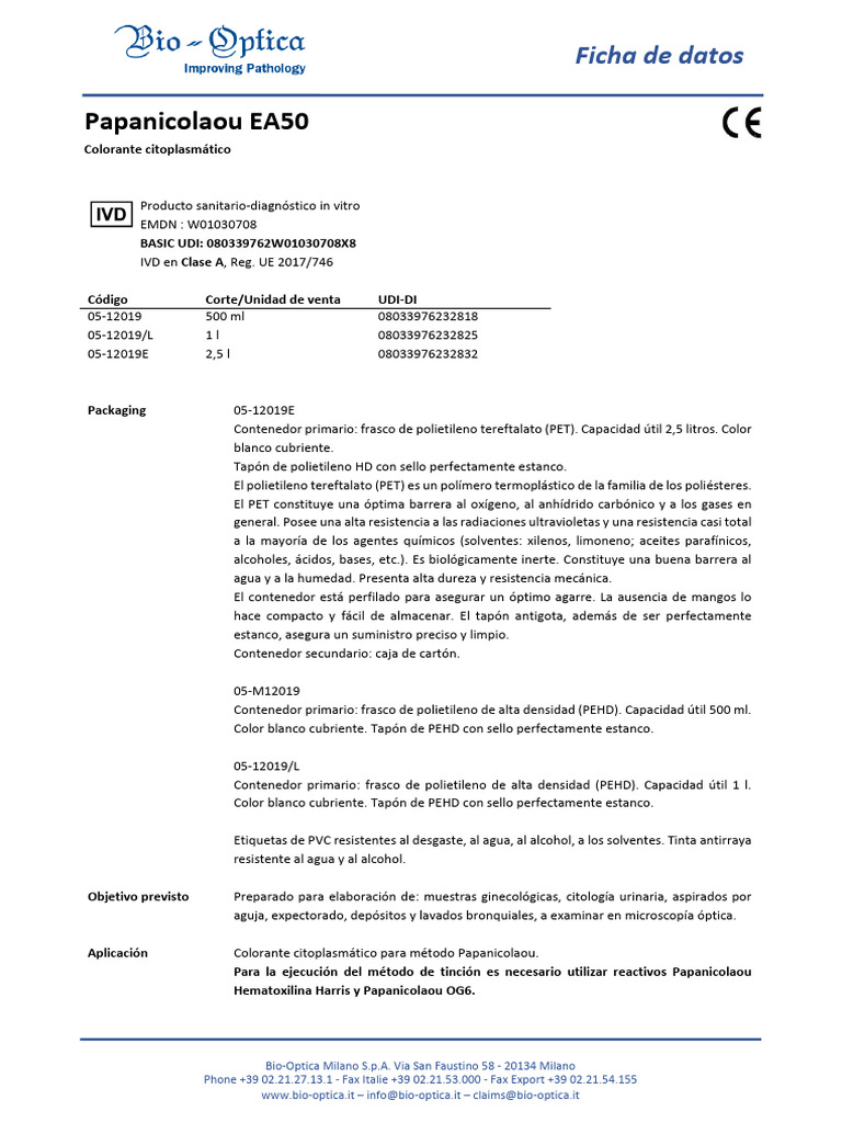 Papanicolaou EA50: Ficha de Datos | PDF