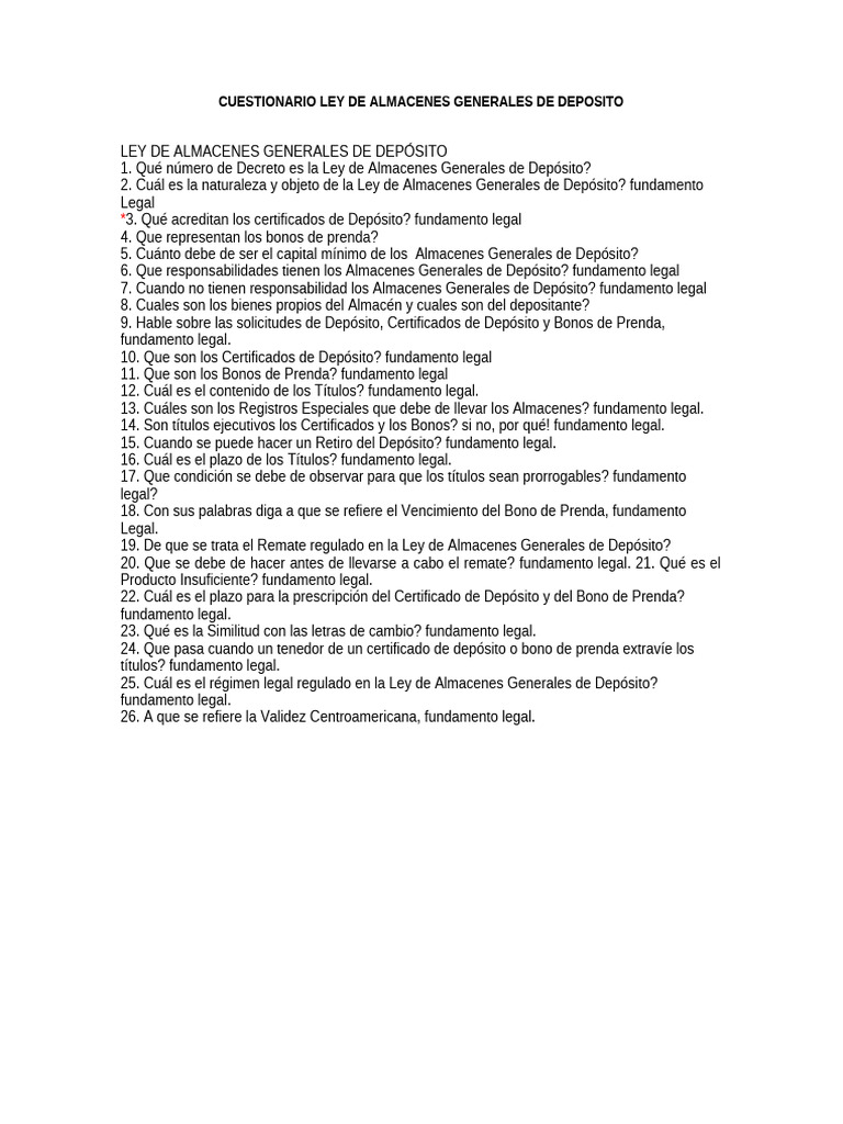 CUESTIONARIO LEY DE ALMACENES GENERALES DE DEPOSITO D Sin Respuestas | PDF