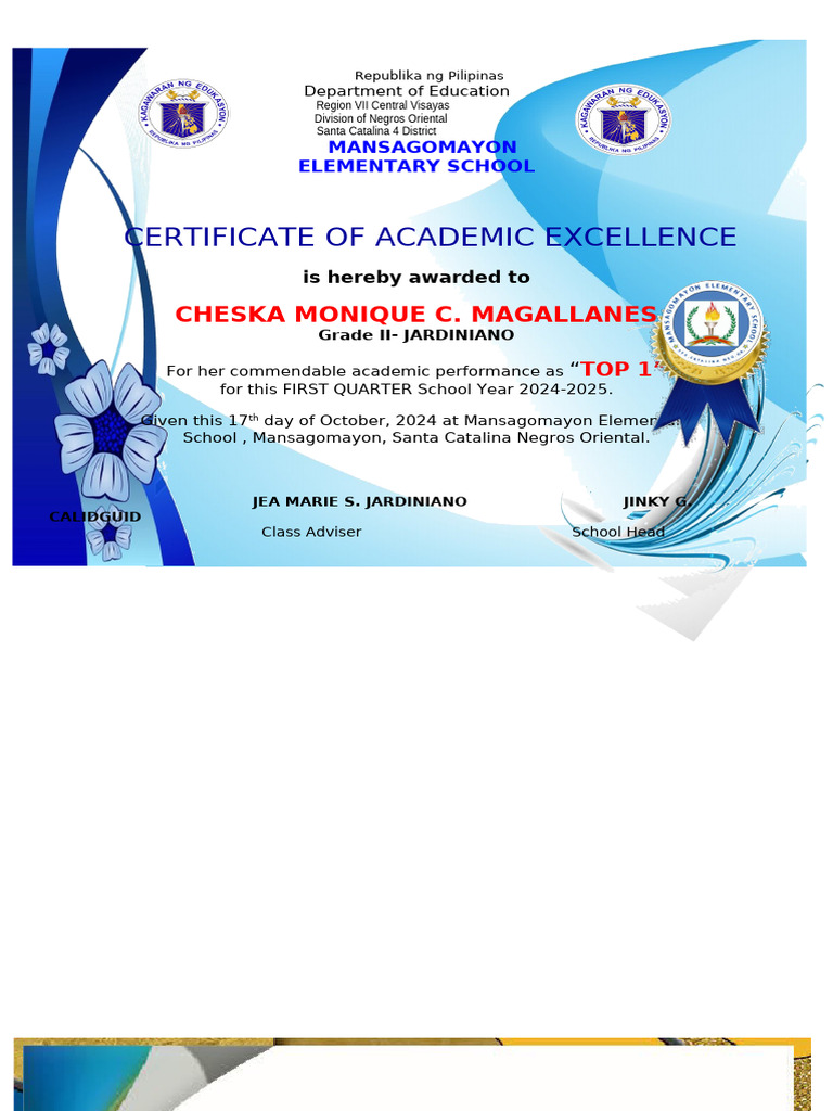 Certificate of Academic Excellence 1st Quarter | PDF