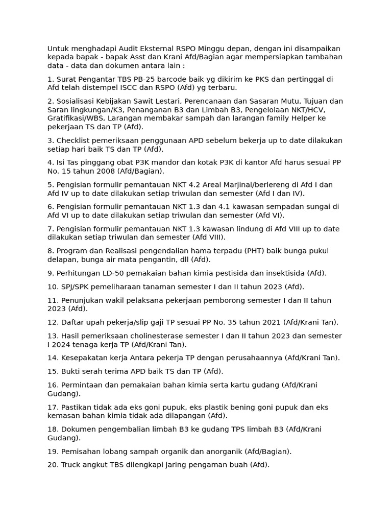 Untuk Menghadapi Audit Eksternal RSPo | PDF