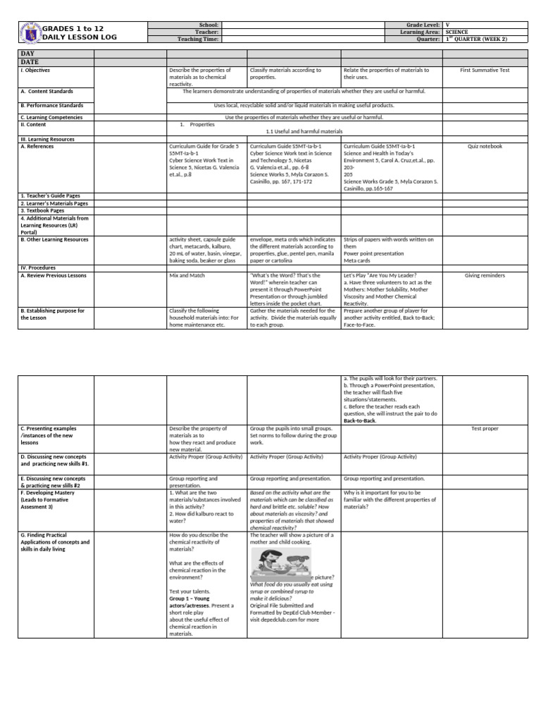 DLL - Science 5 - Q1 - W2 | PDF
