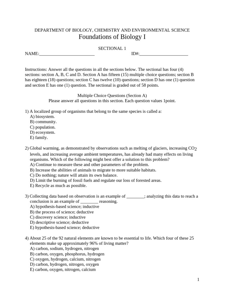 Unit 1 Quiz For BIOL155 (Fall 2024) | PDF