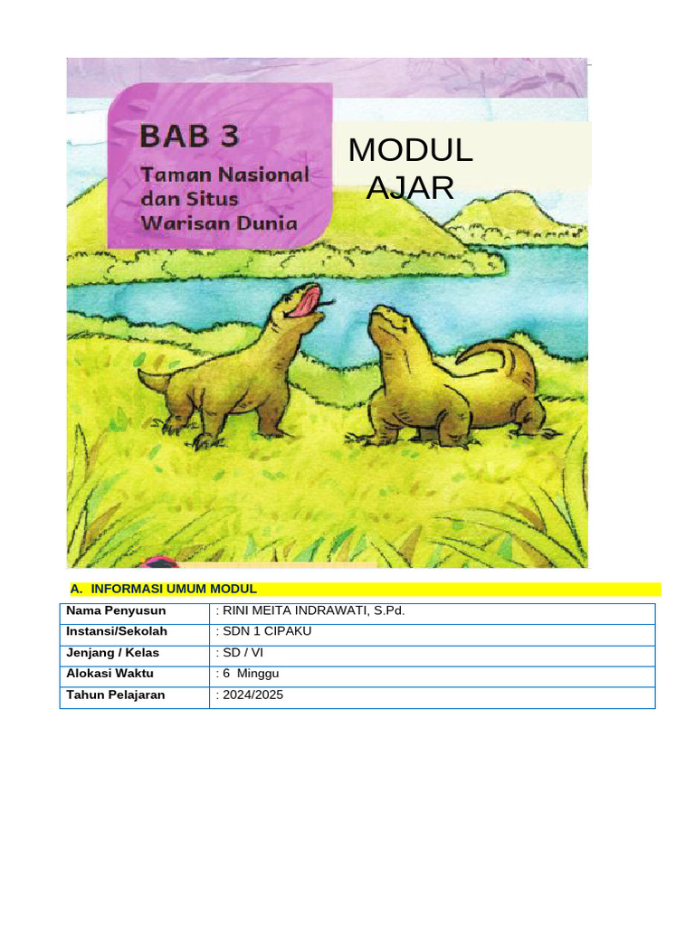 MODUL AJAR KELAS 6 BAB III Taman Nasional Dan Situs Warisan Dunia | PDF