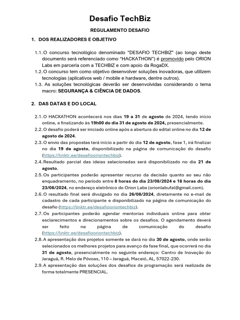 Regulamento Desafio TechBiz | PDF