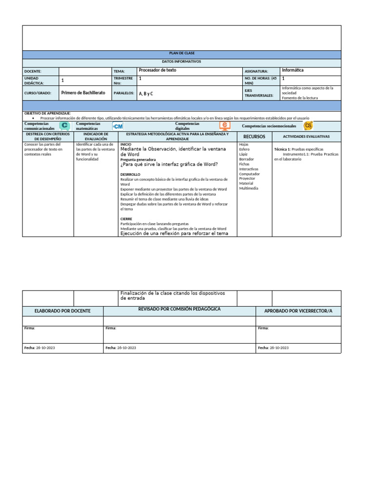 Plan de Clase Primero | PDF