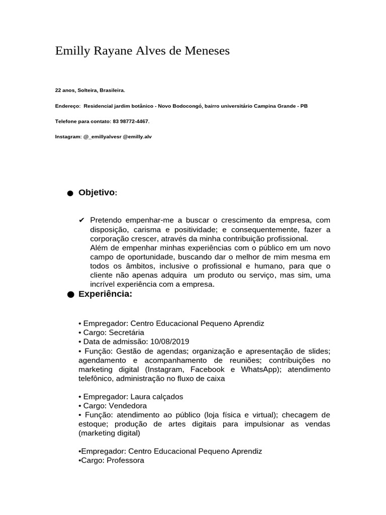 Emilly Rayane Alves de Meneses. Currículo. | PDF