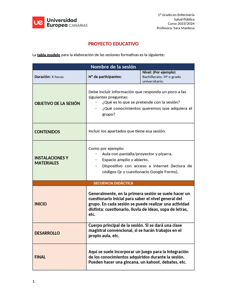 Tabla modelo sesiones | PDF
