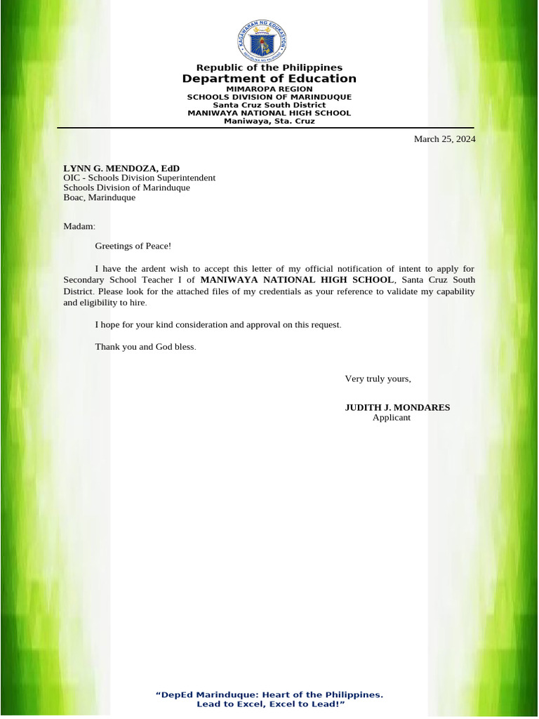 Letter of Intent for Teacher I Position | PDF