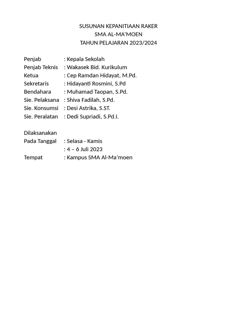 Susunan Kepanitiaan Raker 2023 | PDF