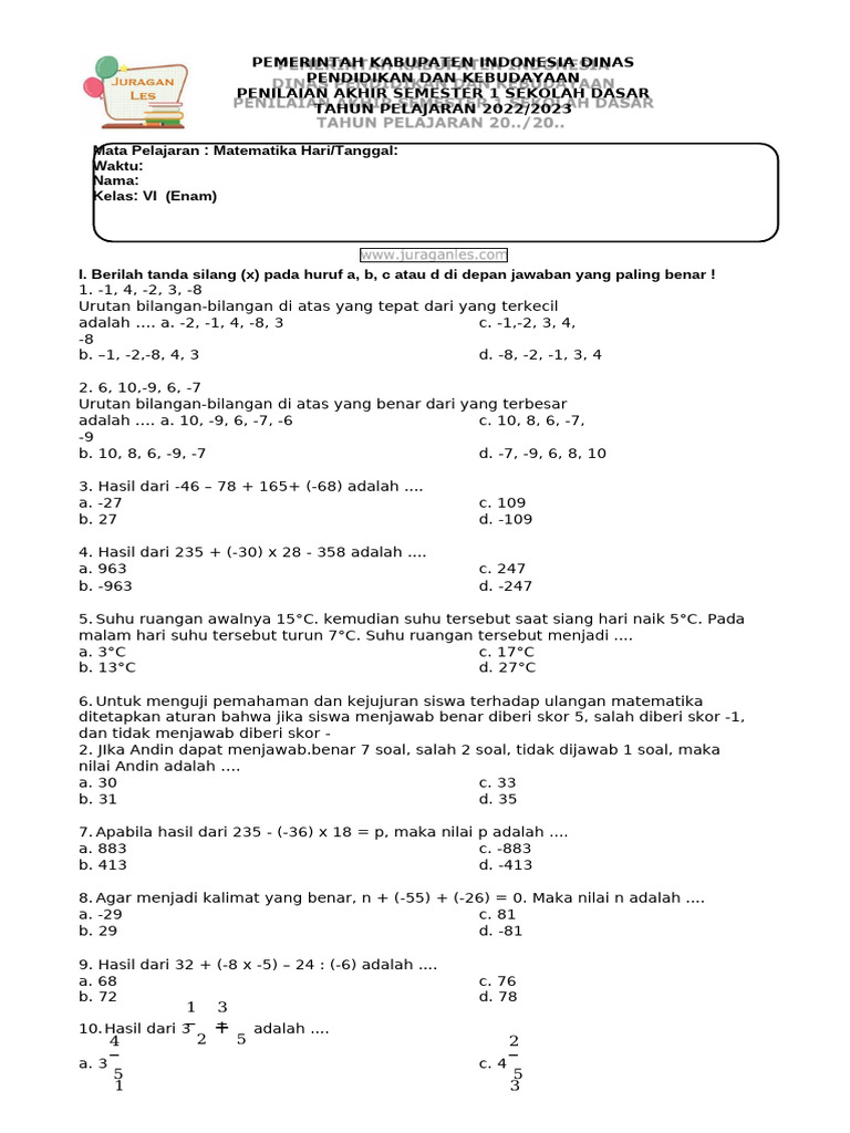 Soal PAS Matematika Kelas 6 Semester 1 Tahun 2022 | PDF