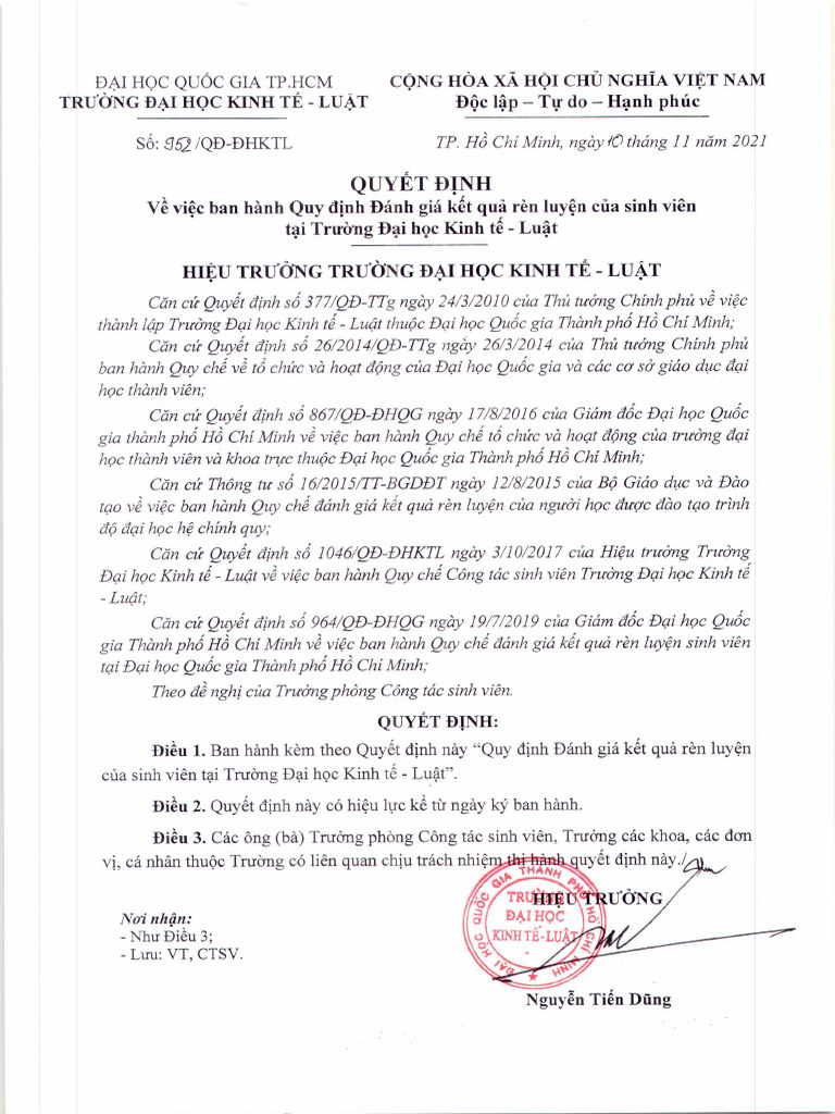 2021 - Quy Dinh Danh Gia Ket Qua Ren Luyen Cua Sinh Vien UEL | PDF