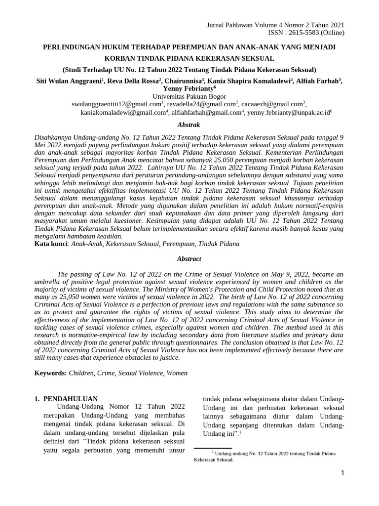 (Fakultas Hukum Universitas Pakuan) Perlindungan Hukum Terhadap Perempuan Dan Anak-Anak Yang ...