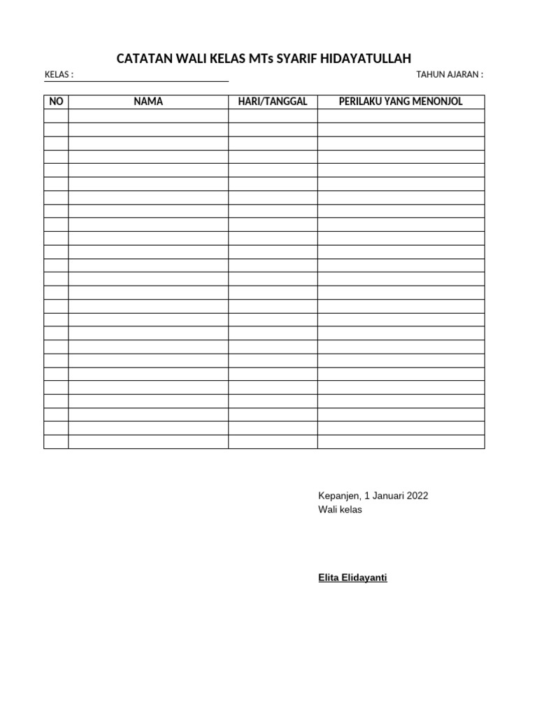 Catatan Wali Kelas | PDF