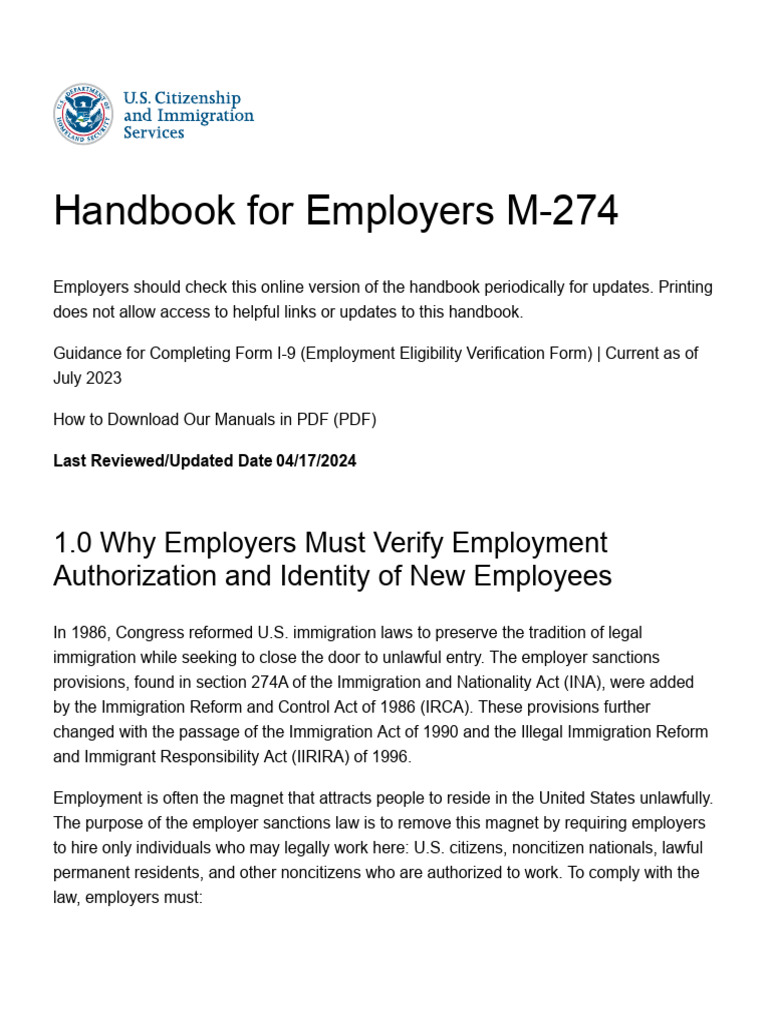 Handbook For Employers M-274 - USCIS | PDF