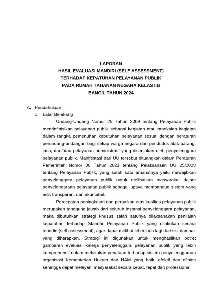 Laporan Hasil Evaluasi Mandiri (Self Assessment) Terhadap Kepatuhan Pelayanan Publik | PDF