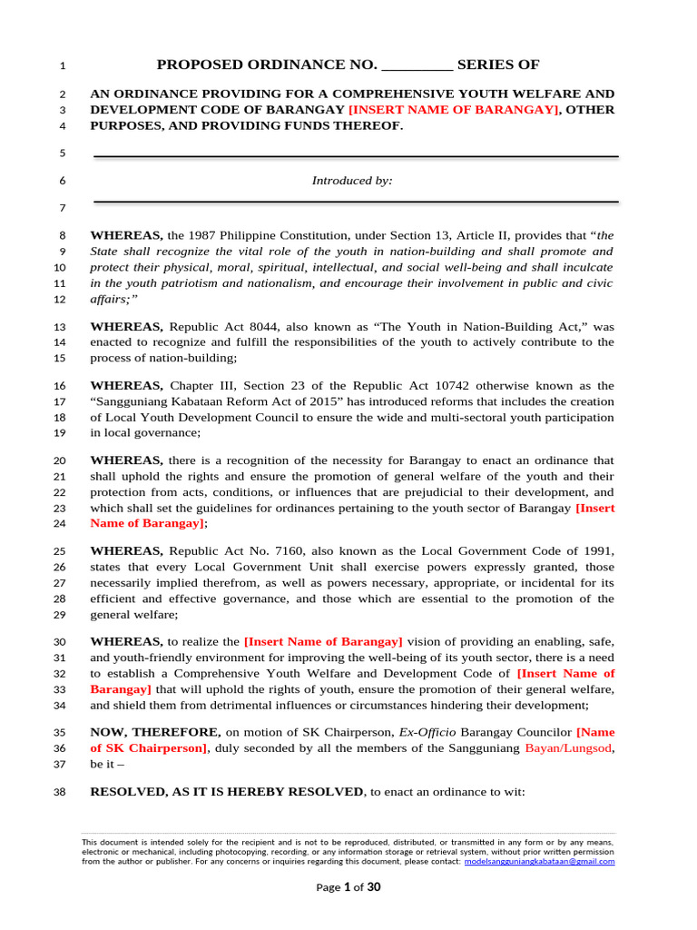 Barangay Ordinance - MODEL-SK - COMPREHENSIVE-YOUTH-CODE-LONG-SIZE | PDF