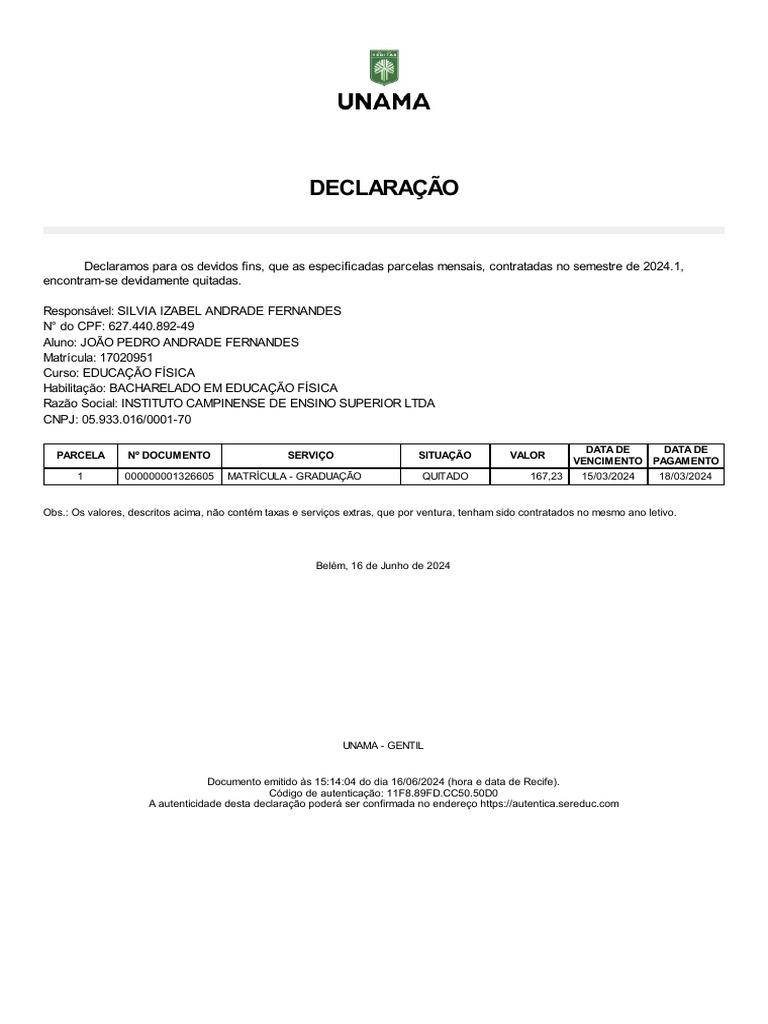 DeclaracaoQuitacao 151405 RA17020951 | PDF