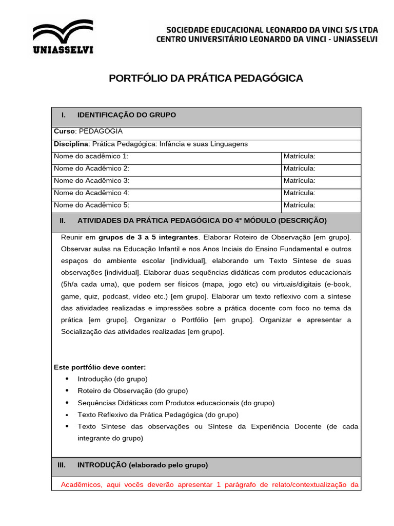 Portfólio Da Prática Pedagógica Infãncia e Suas Linguagens - PARA ...