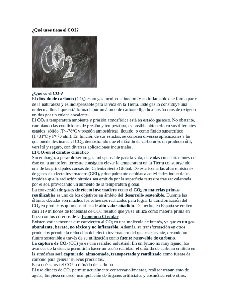 Qué Usos Tiene El CO2 | PDF | Hogar y jardín | Ciencia y matemática