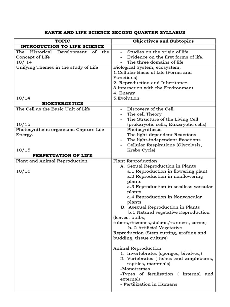 Earth and Life 2ND Quarter Syllabus | PDF