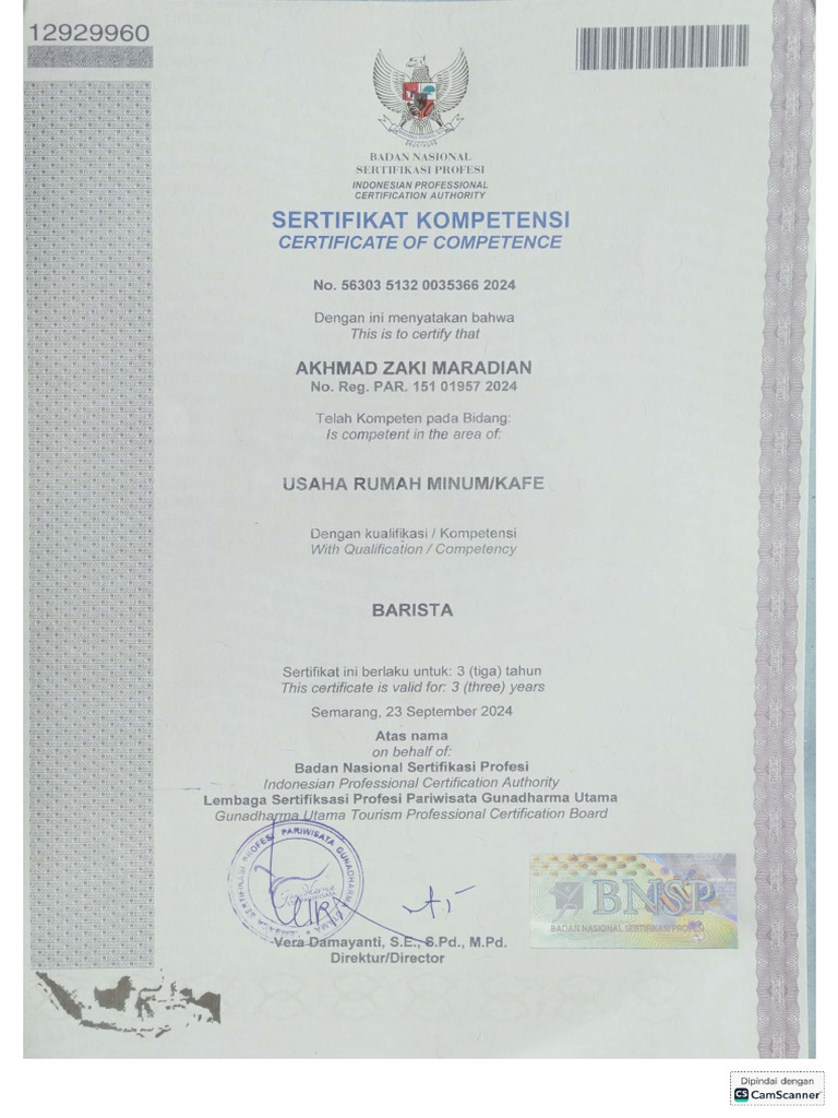 Sertifikat Barista Zaki | PDF