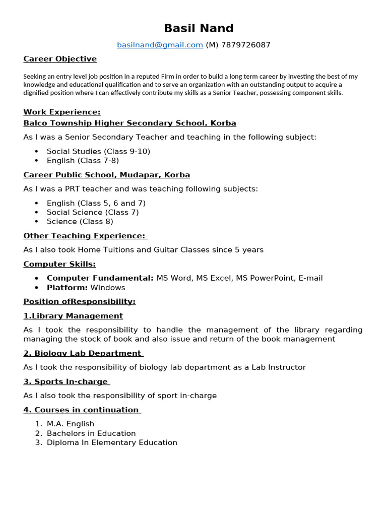 Entry-Level Teacher Resume of Basil Nand | PDF