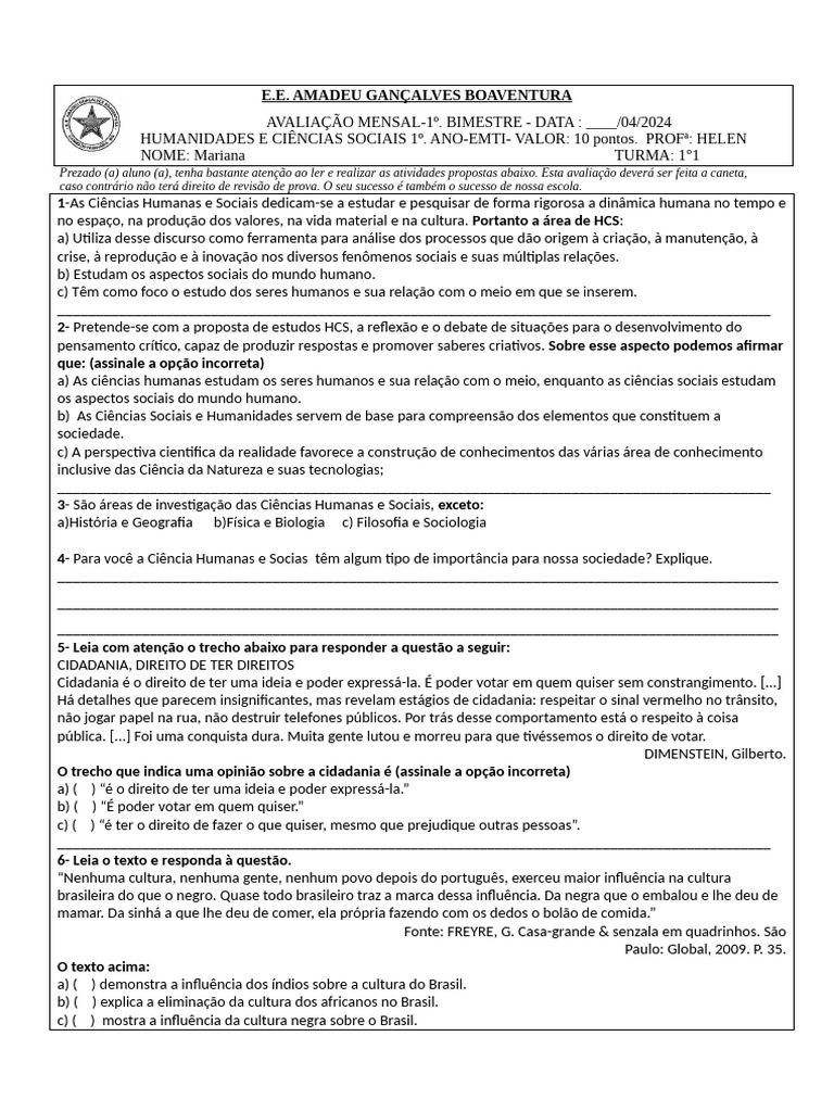 ATIV. HCS - adaptada | PDF