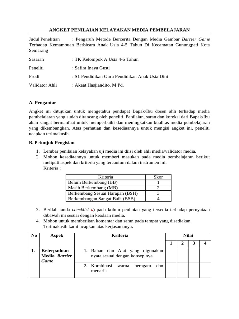 Angket Uji Media Pembelajaran Safira Inaya | PDF