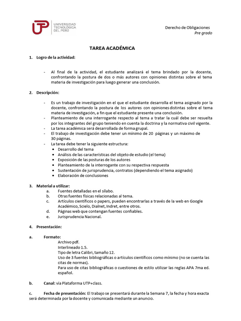 U4 - S7 - Tarea Académica - Derecho de Obligaciones | PDF