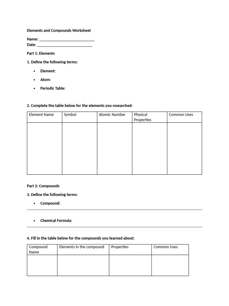 Elements and Compounds Worksheet | PDF
