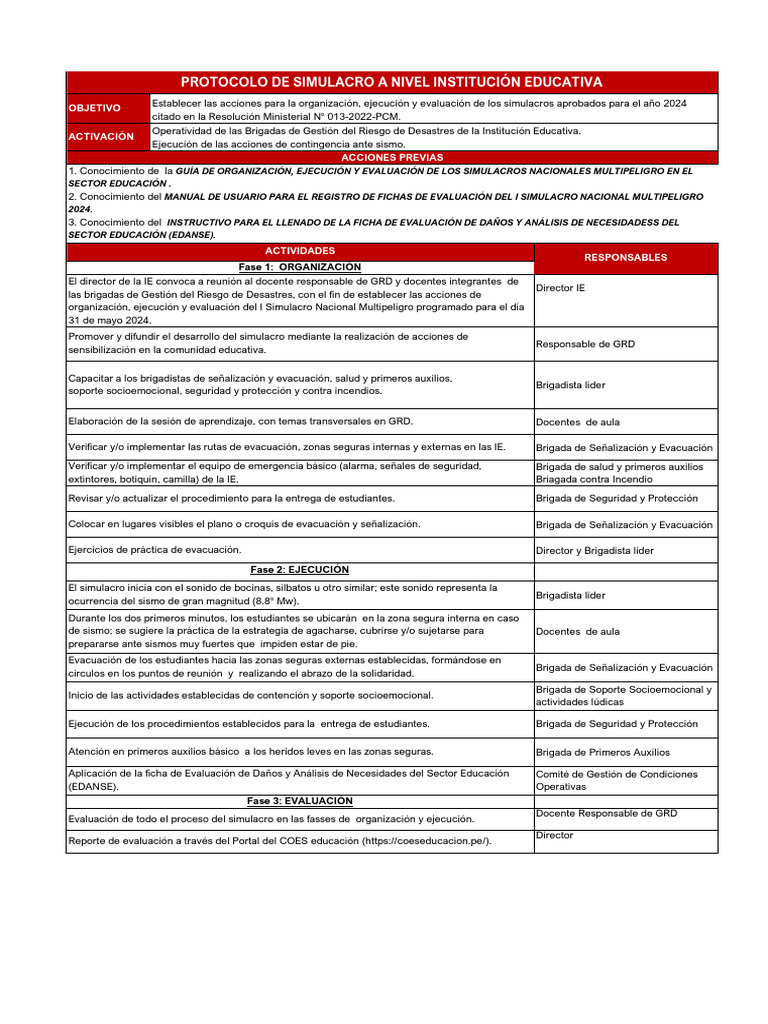 Protocolo de Simulacro Ie 2024 | PDF