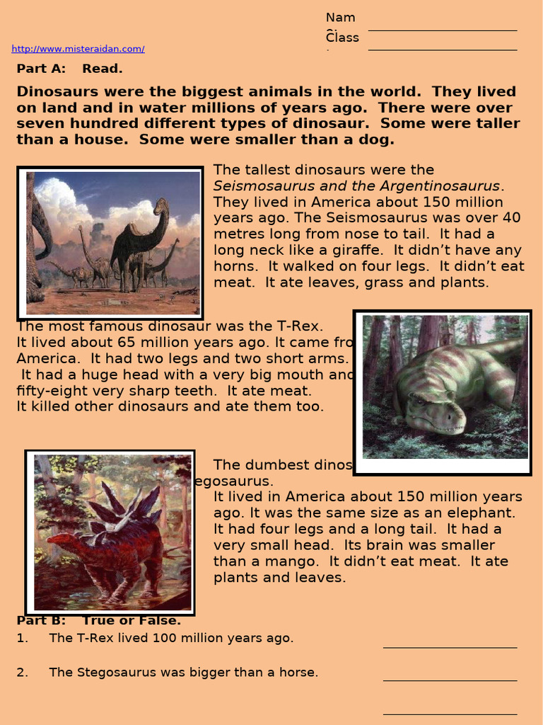 Dinosaur Facts Reading Comprehension Exercises - 24433 | PDF