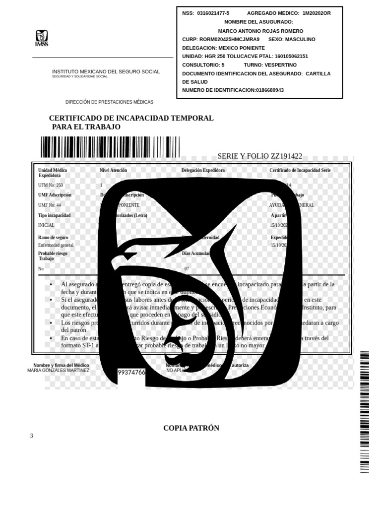 Certificado de Incapacidad Temporal para El Trabajo: Serie Y Folio Zz191422 | PDF