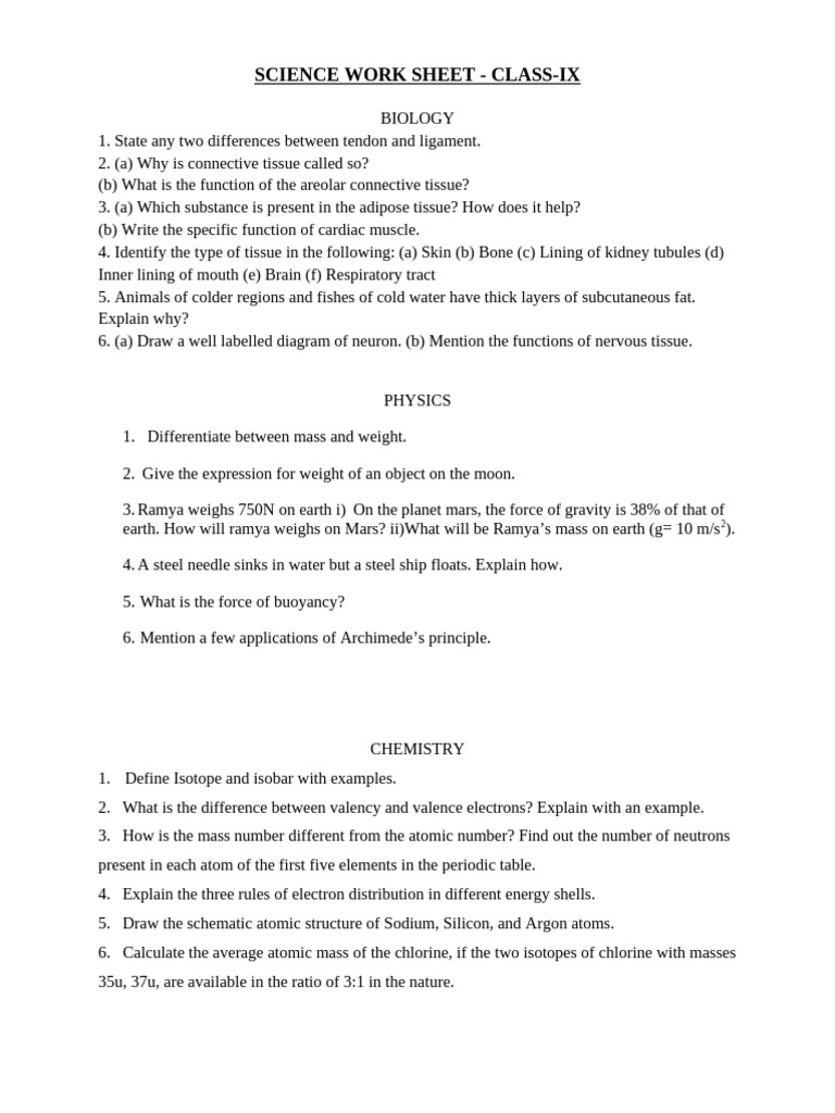 Class IX Science Worksheet | PDF