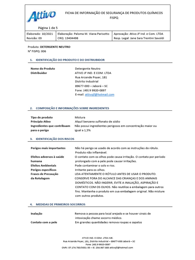 FISPQ 006 Detergente Neutro | PDF