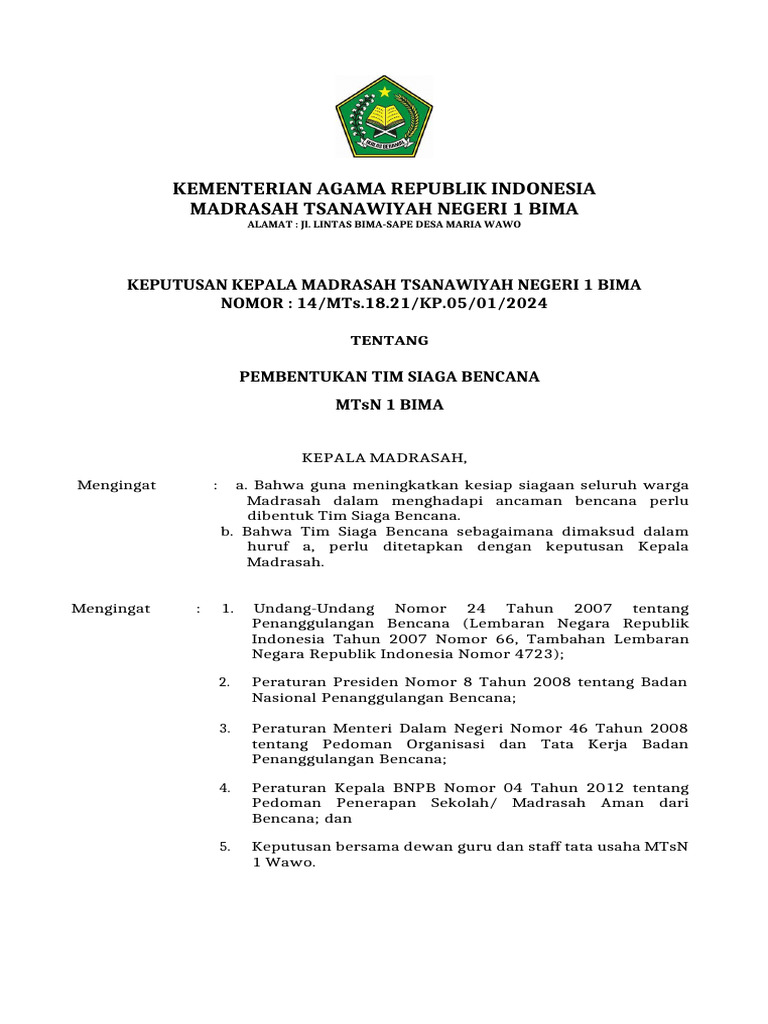 Contoh SK Surat Keputusan Tim Siaga Bencana Sekolah - Compress | PDF