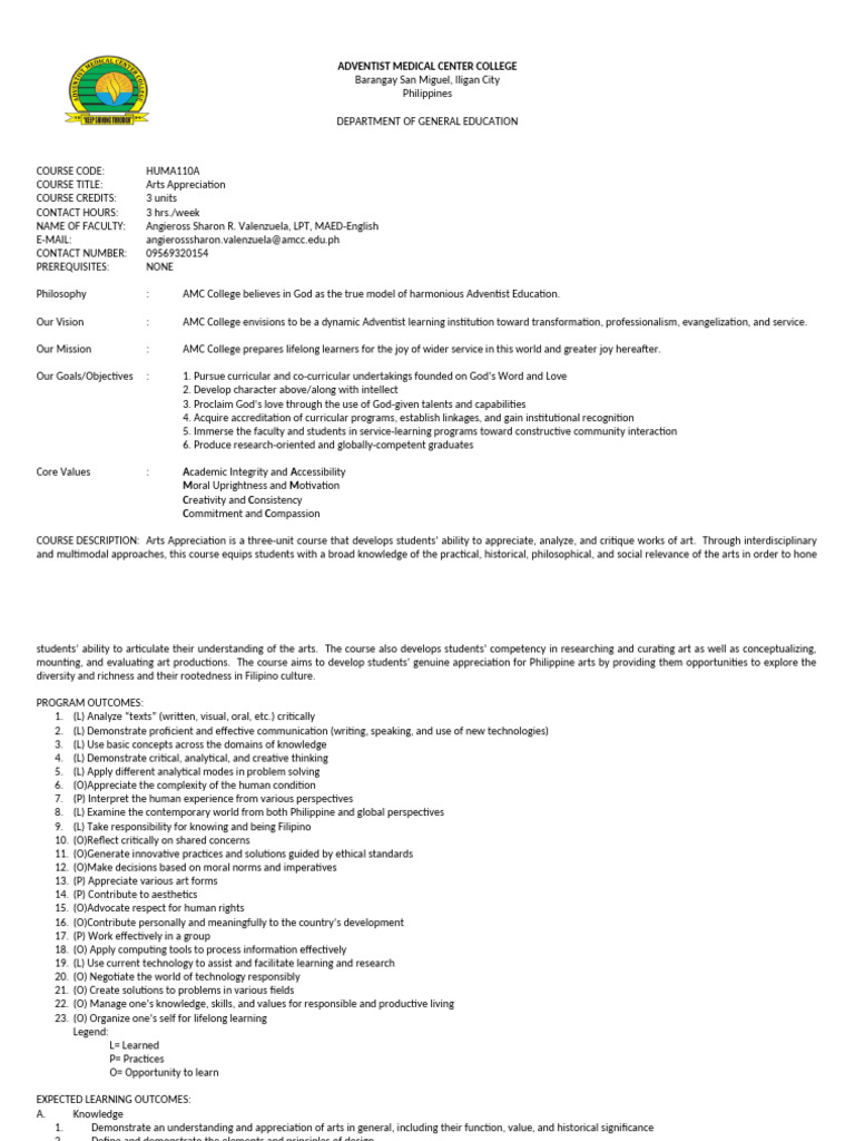 AMCC Syllabus - Arts Appreciation | PDF