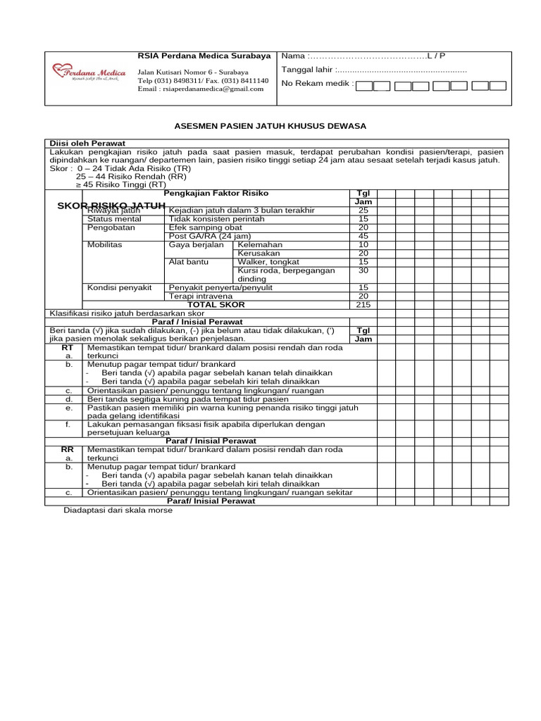 Asesmen Pasien Risiko Jatuh Khusus Dewasa | PDF