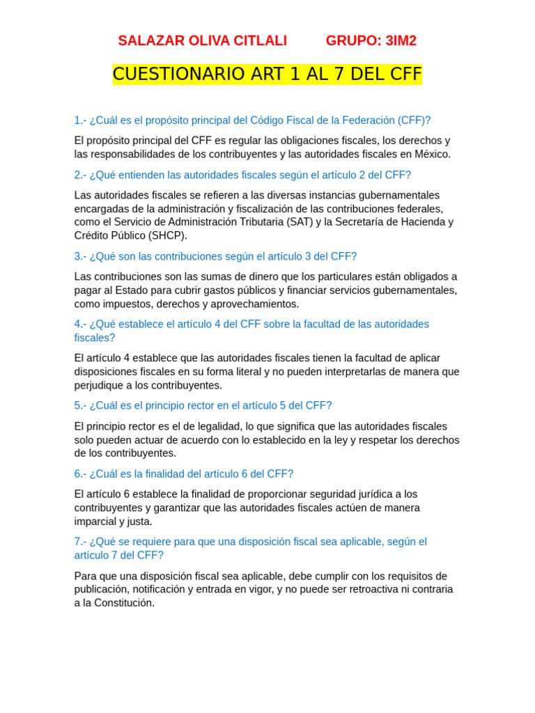 CUESTIONARIO ART 1 AL 7 DEL CFF | PDF
