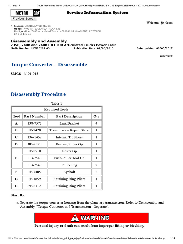 Torque Conventer Disassembly - 740B Articulated Truck L4E00001-UP ...