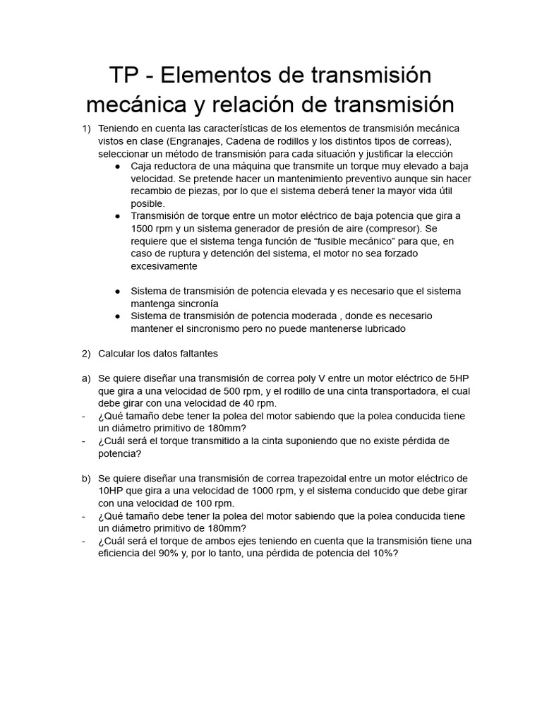 TP - Elementos de Transmisión Mecánica y Relación de Transmisión | PDF