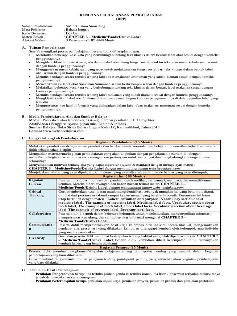RPP 1 Lembar B.ing Kelas 9 k13 | PDF