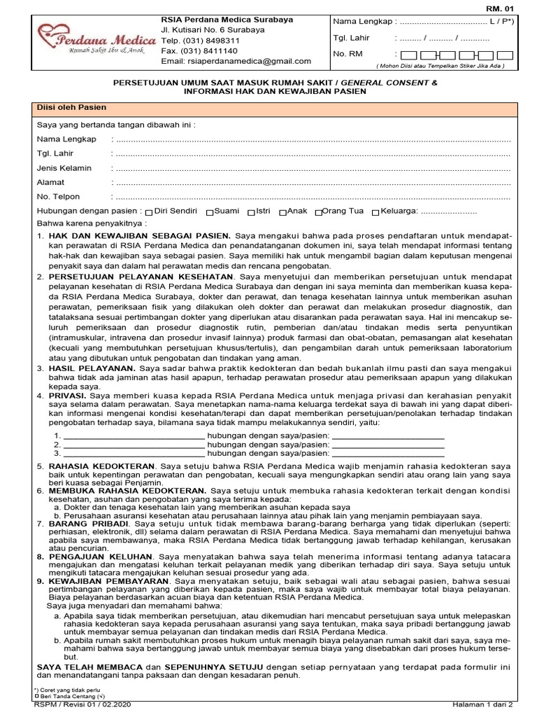 RM 01 Persetujuan Umum Saat Masuk Rumah Sakit - General Consent Dan Informasi Hak Dan Kewajiban ...