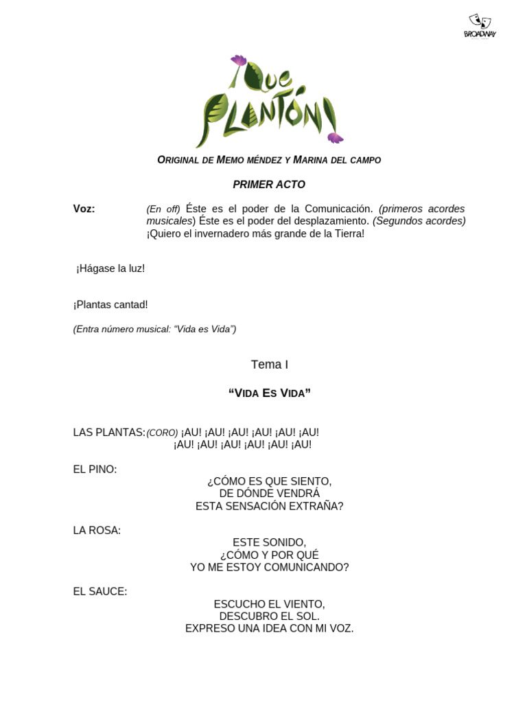 ¡Qué Plantón! ATMBROADWAY Canciones Kids | PDF