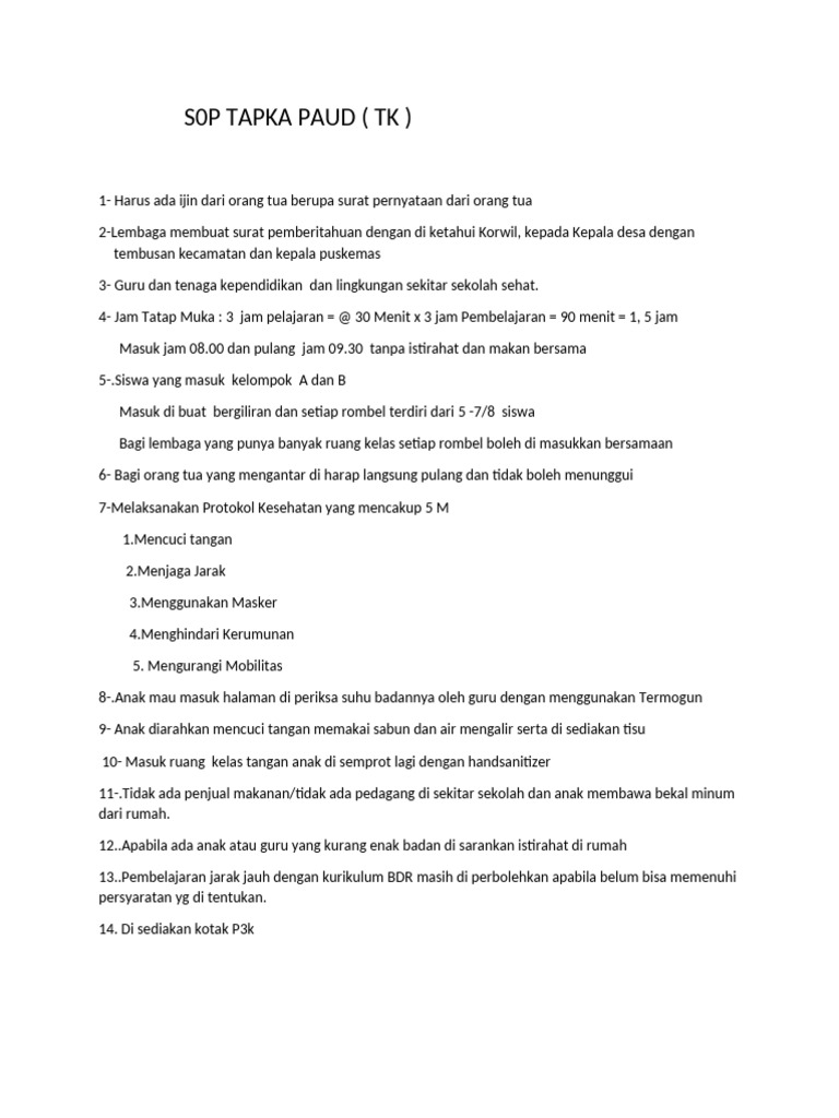 SOP TAPKA PAUD TK | PDF