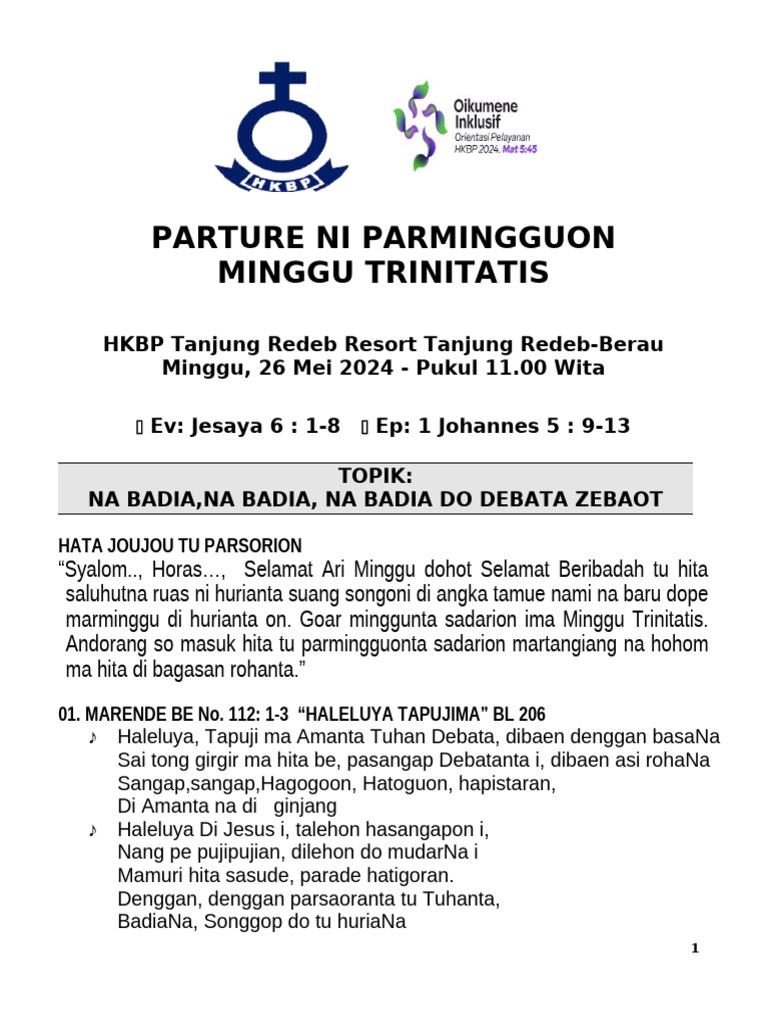 Minggu TRINITATIS 26 Mei 2024 - Batak - Siang | PDF