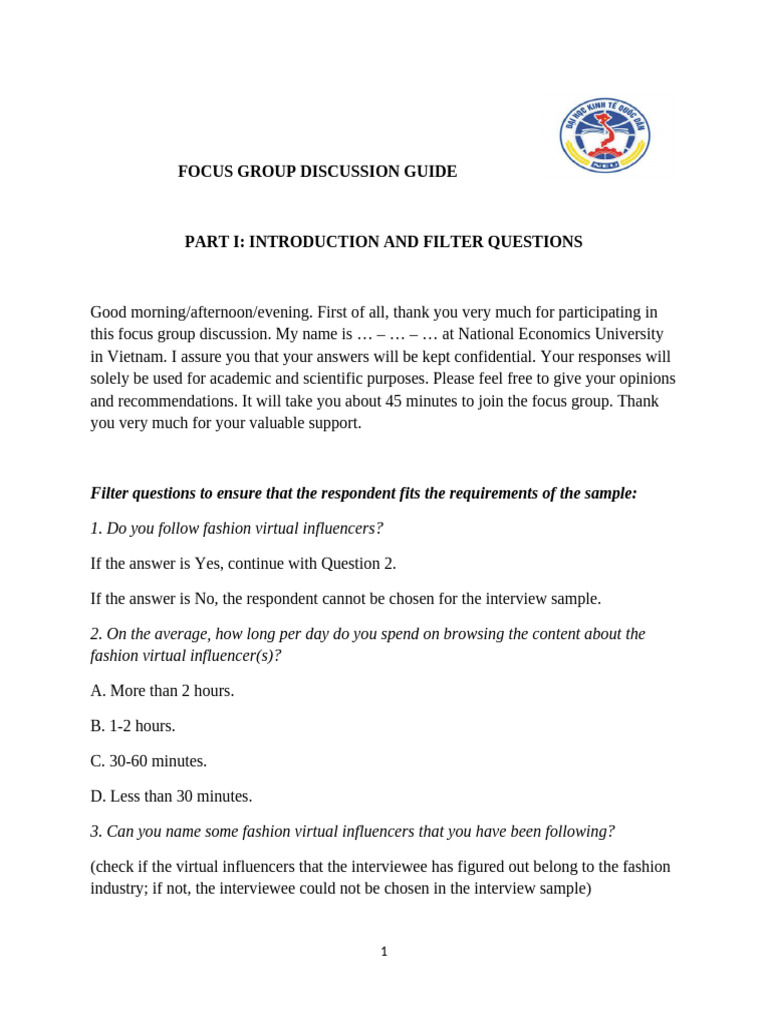 Fashion Virtual Influencers - Focus Group Interview Guide.150924 | PDF