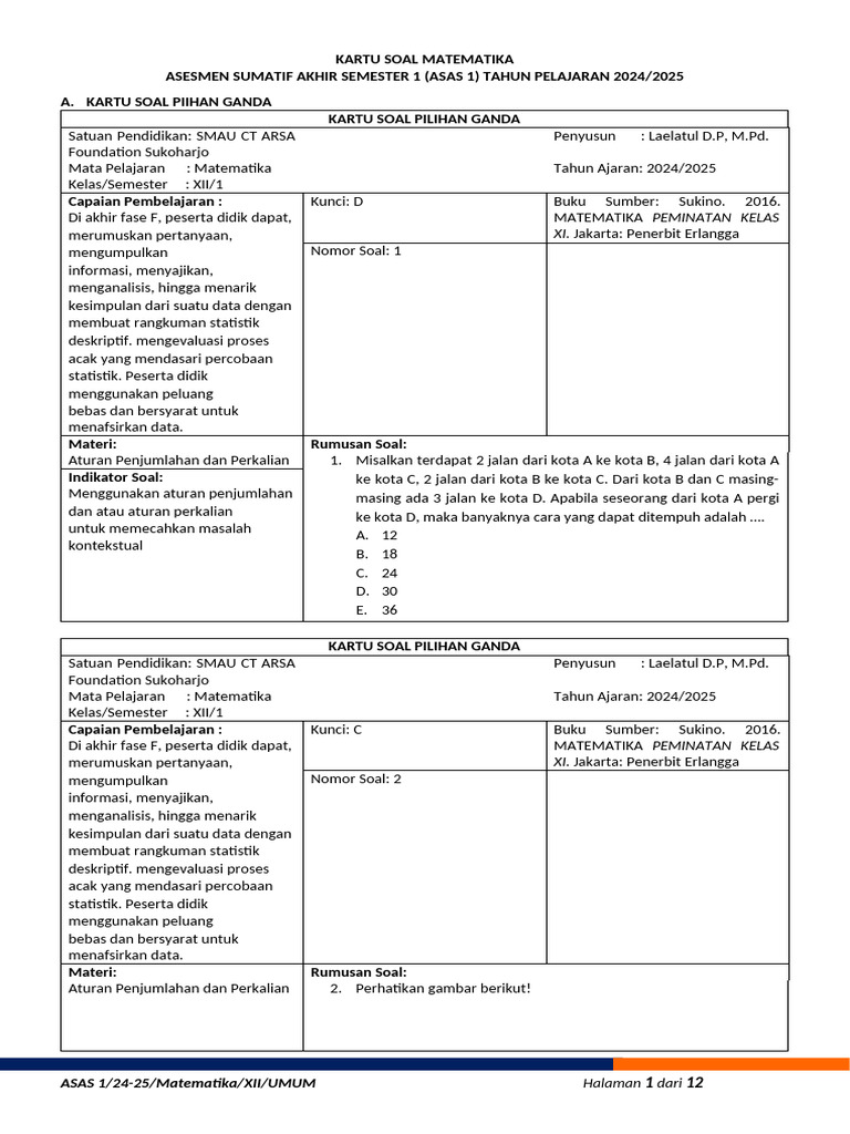 3. XII_Matematika_KARTU SOAL_Laelatul Dhian Permata | PDF